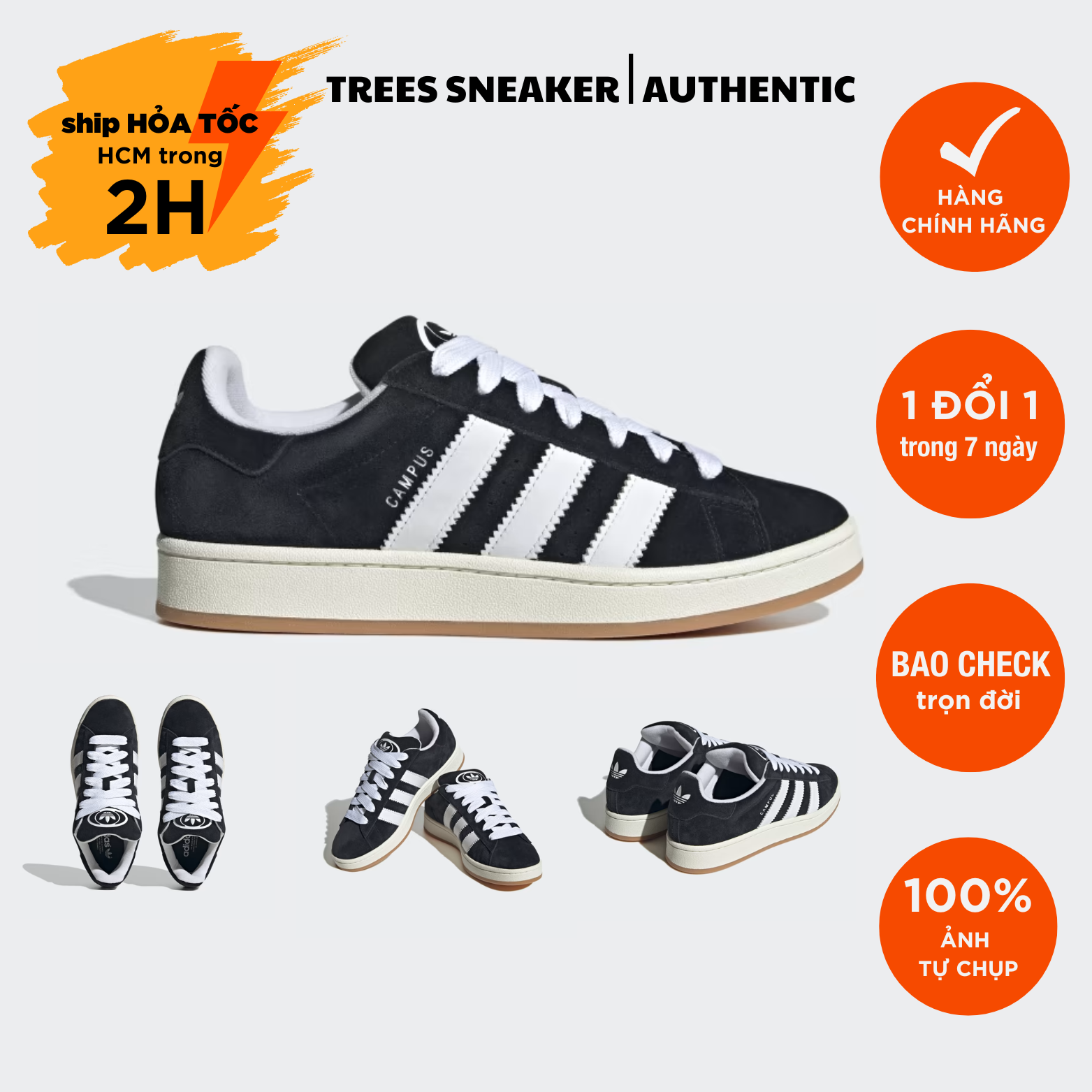 ADIDAS CAMPUS 00s BLACK WHITE GUM HQ8708 Full Box Tag Auth - Trees Sneaker